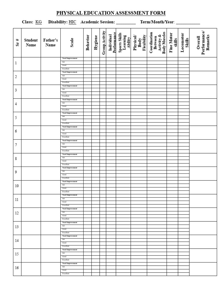 NEW PHYSICAL EDUCATION ASSESSMENT FORM | PDF | Physical Education