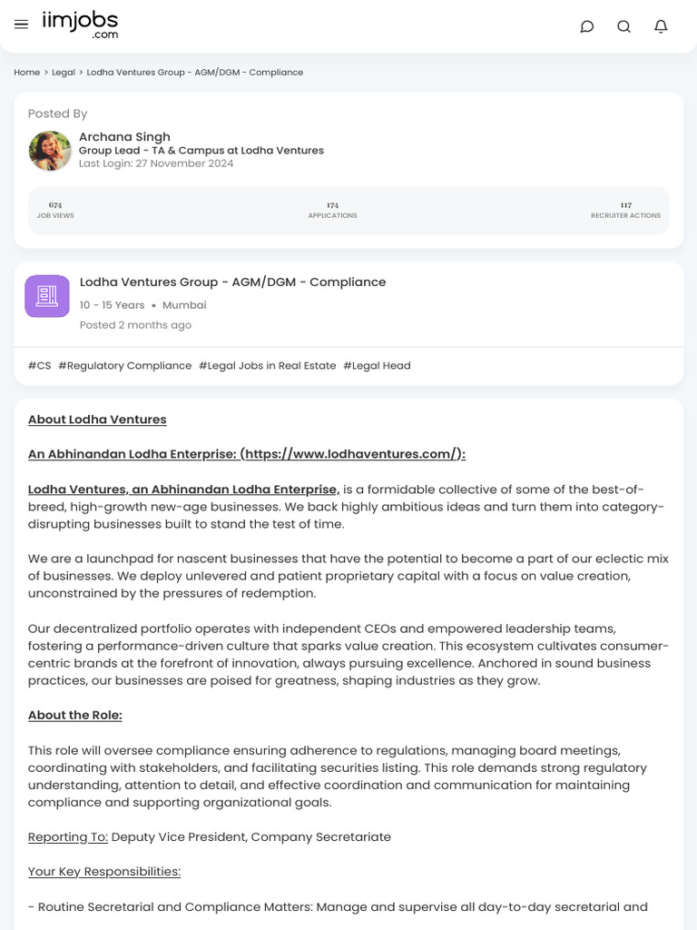 AGM/DGM Compliance Role at Lodha Ventures | PDF | Regulatory Compliance ...