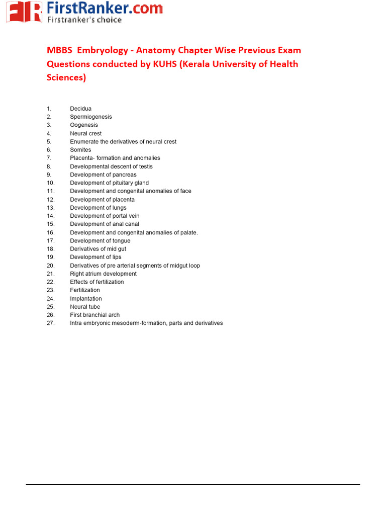 KUHS MBBS Chapter Wise Important Questions Anatomy Embryology | PDF