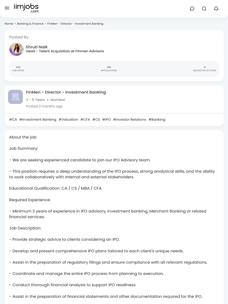 FinMen - Director - Investment Banking _ iimjobs.com | PDF | Initial ...