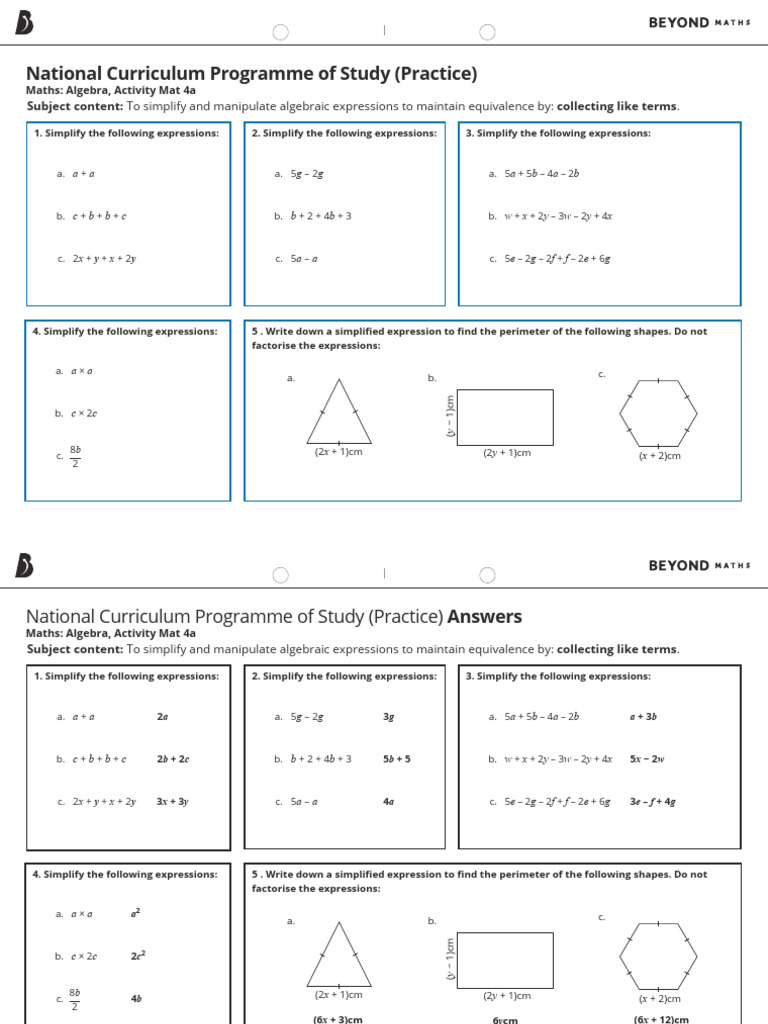 Mat 4a - National Curriculum (Practice) Algebra Set 1 | PDF | Mathematics | Algebra