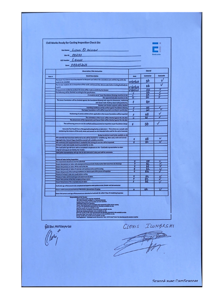 Civil Works Ready for Casting Inspection Check List | PDF