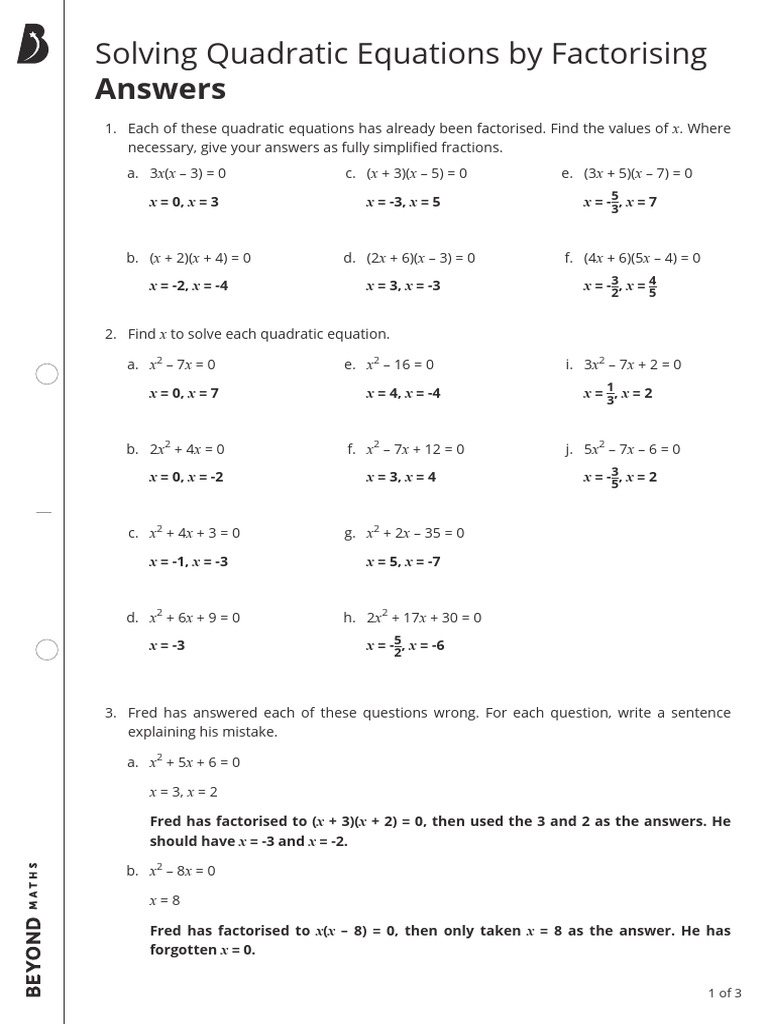 Solving Quadratic Equations by Factorising - Answers | PDF | Mathematical Concepts | Mathematics