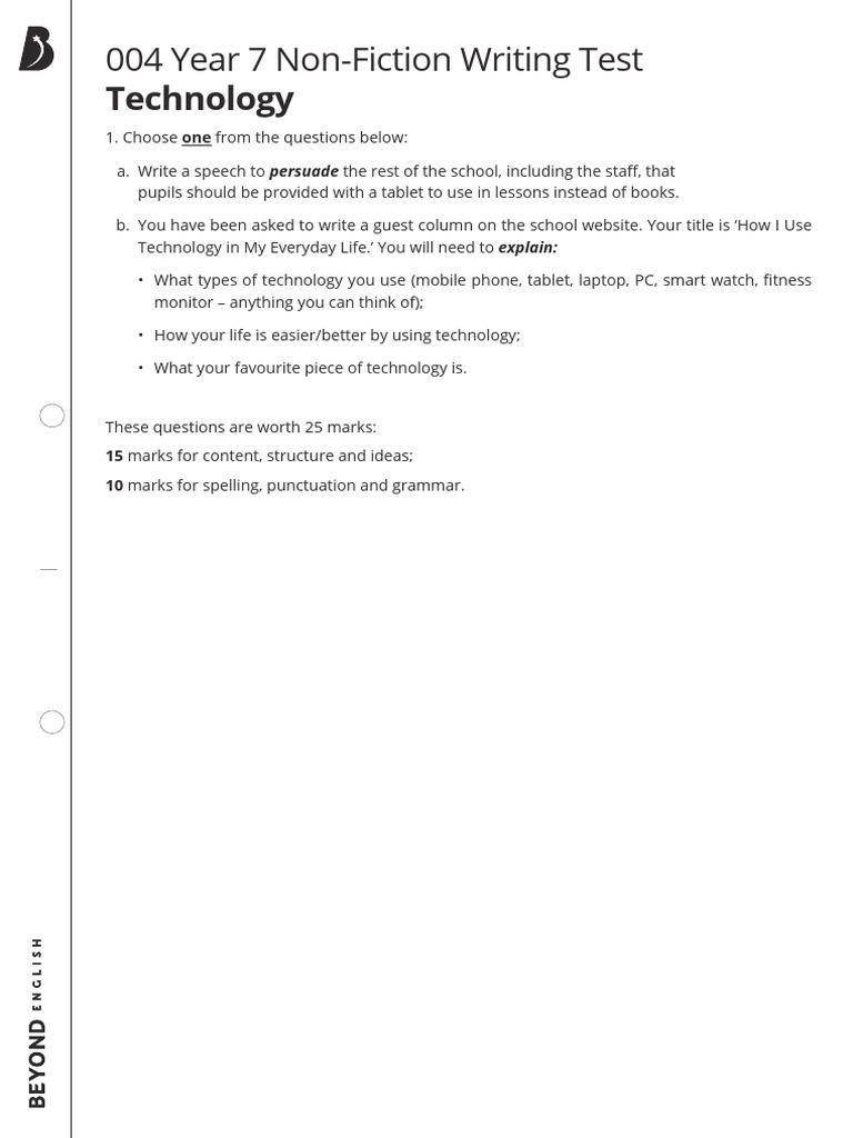 Year 7 Non-Fiction Writing Test Guide | PDF