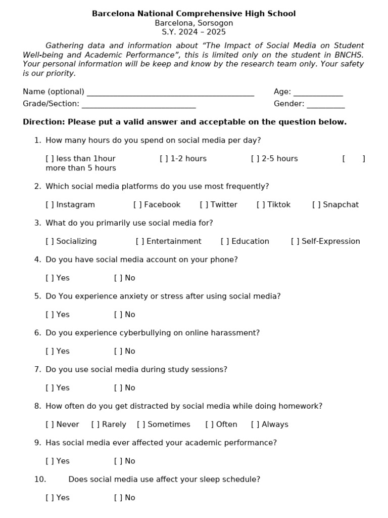 Social Media Impact Questionnaire for Students | PDF
