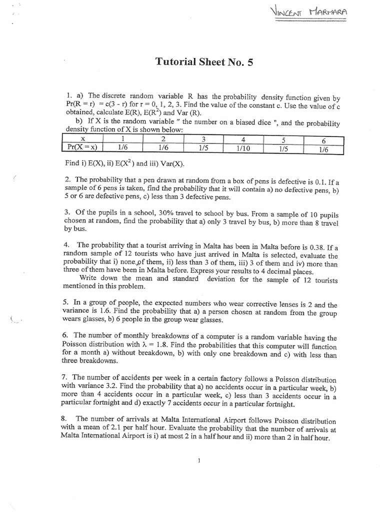 Business Statistics 1 - Tutorial Sheet 5 | PDF | Variance | Poisson ...