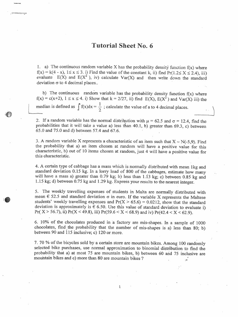Business Statistics Tutorial Sheet 6 | PDF