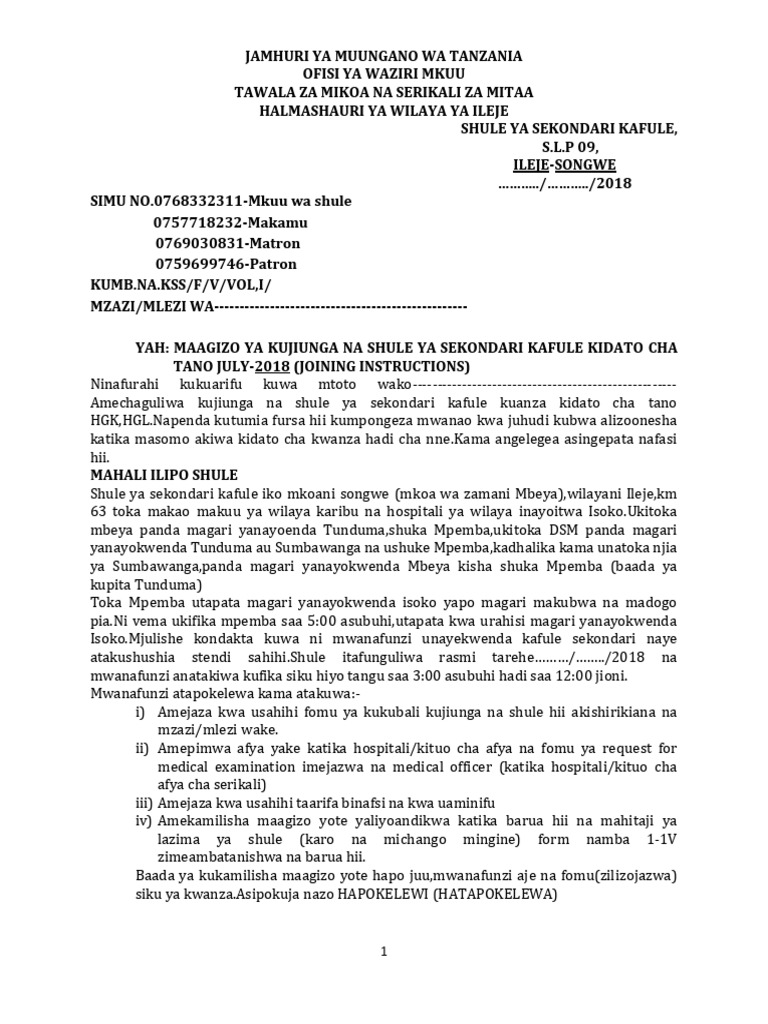 Kafule Secondary School Joining Instruction | PDF