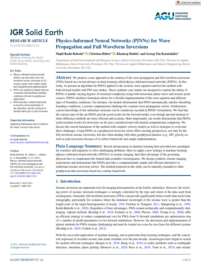 JGR Solid Earth - 2022 - Rasht‐Behesht - Physics‐Informed Neural Networks PINNs for Wave ...