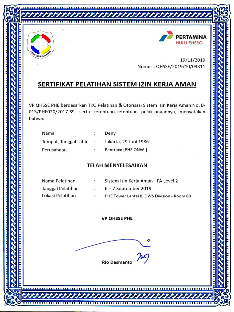 Sertifikat Pelatihan Izin Kerja Aman | PDF