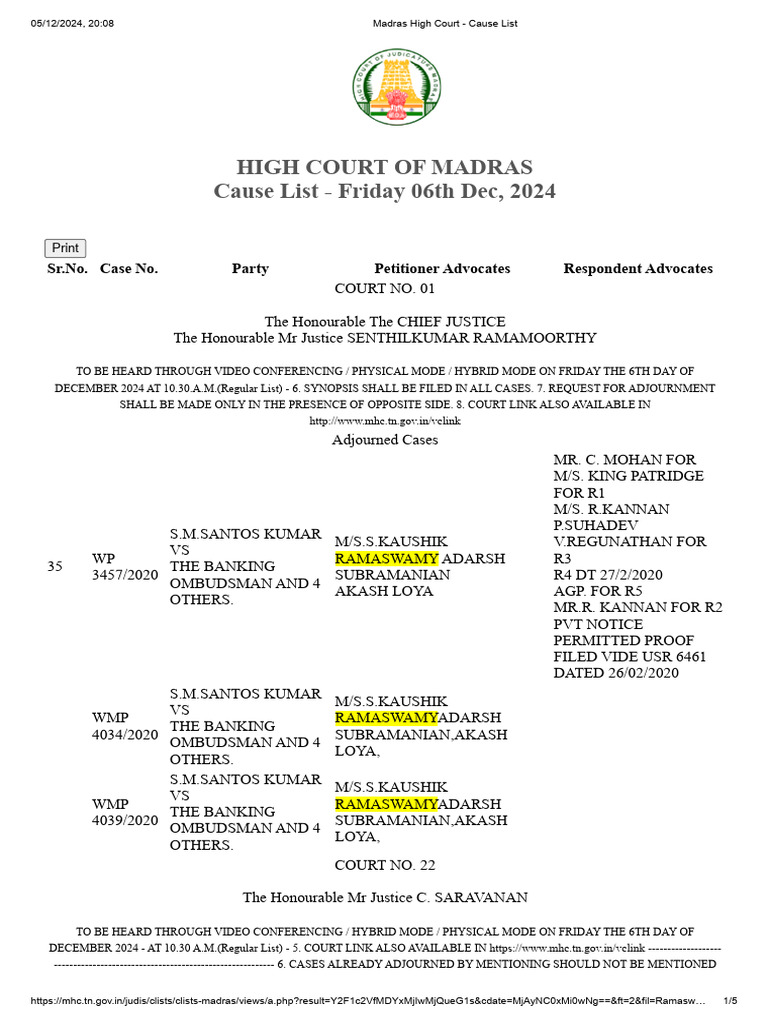 Madras High Court Cause List - Dec 6, 2024 | PDF