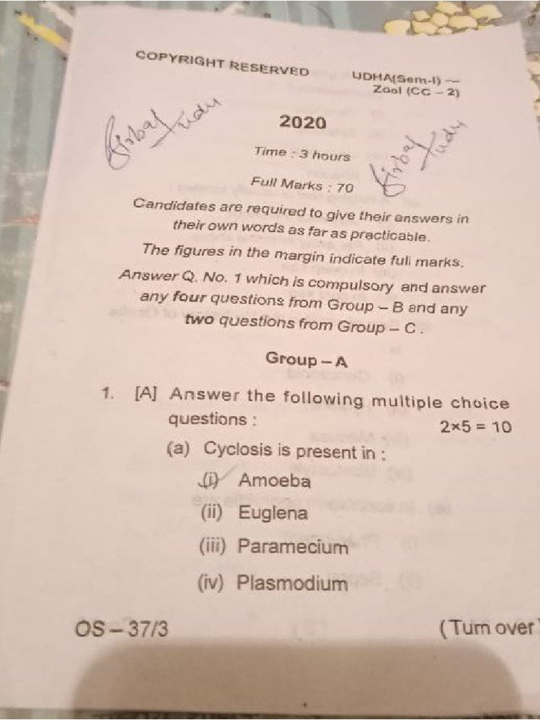 Zoology Semester-1 CC2 Question Paper | PDF