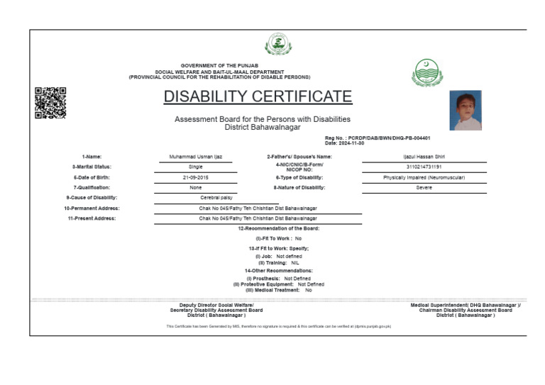 certificate | PDF | Disability | Clinical Medicine