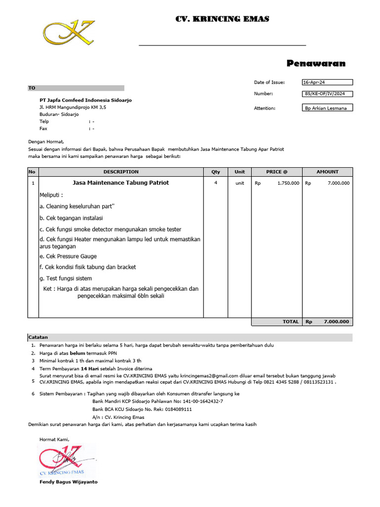 Penawaran Kontrak Maintenance PT Japfa Comfeed Indonesia Sidoarjo 2024 ...