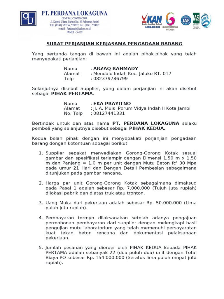 Surat Perjanjian Pengadaan Box Culvert | PDF