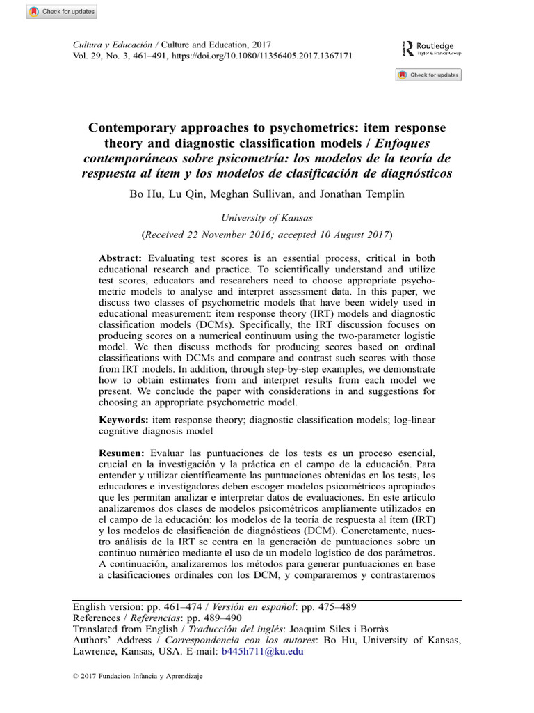 2017 Contemporary Approaches To Psychometrics Item Response Theory and Diagnostic Classification ...