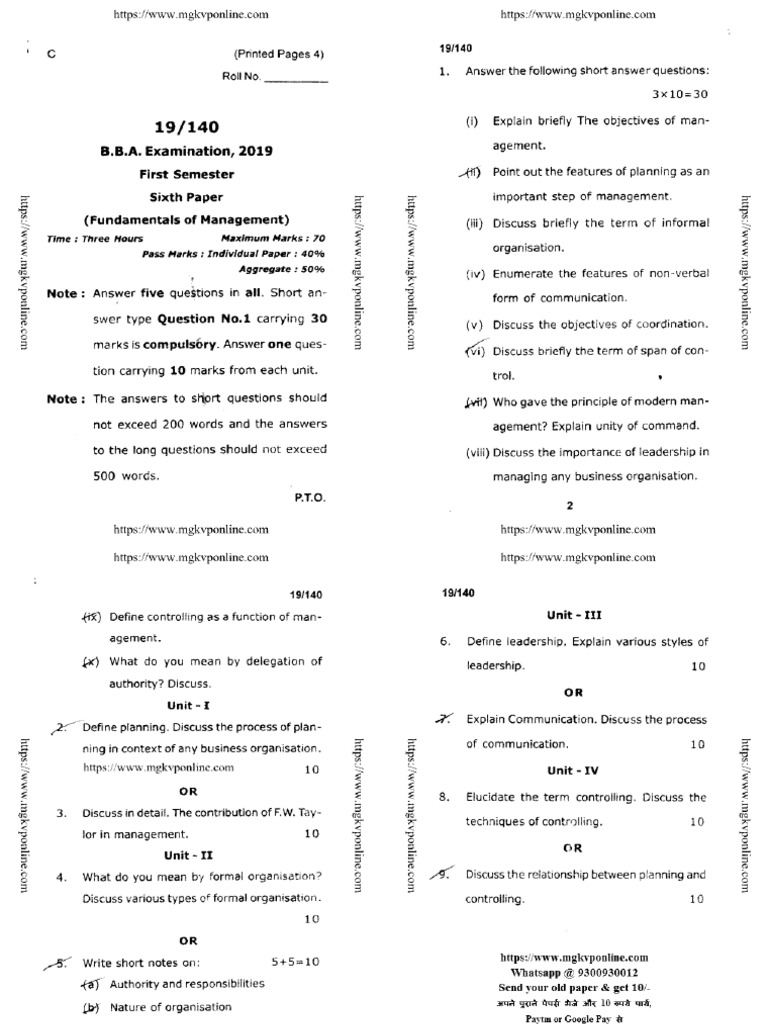 Bba 1 Sem Fundamentals of Management 140 2019 | PDF