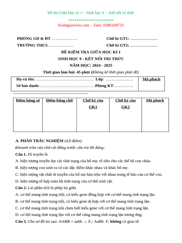 De Thi ghk1 Sinh 9 KNTT | PDF