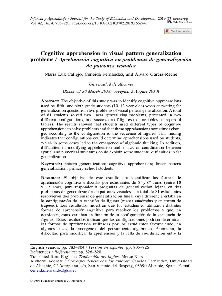 2019 Cognitive Apprehension in Visual Pattern Generalization Problems ...