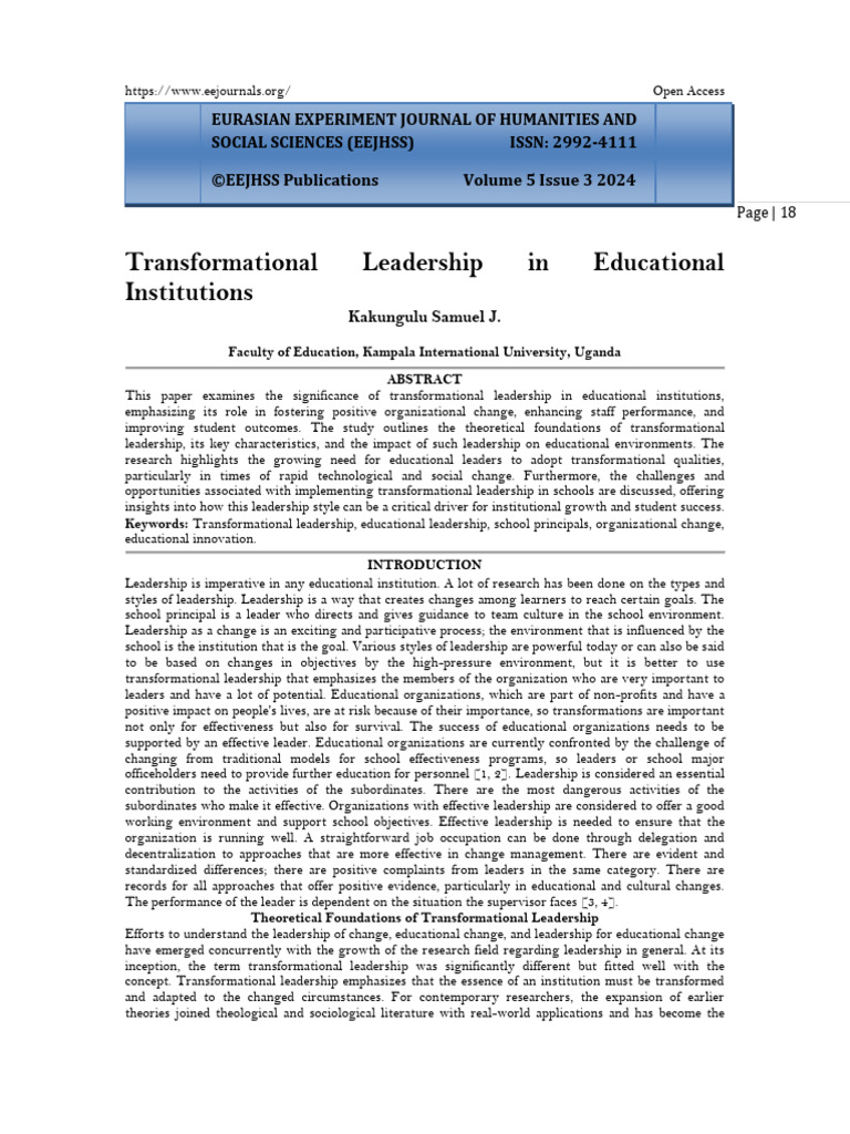 Transformational Leadership in Educational Institutions | PDF | Leadership | Transformational ...