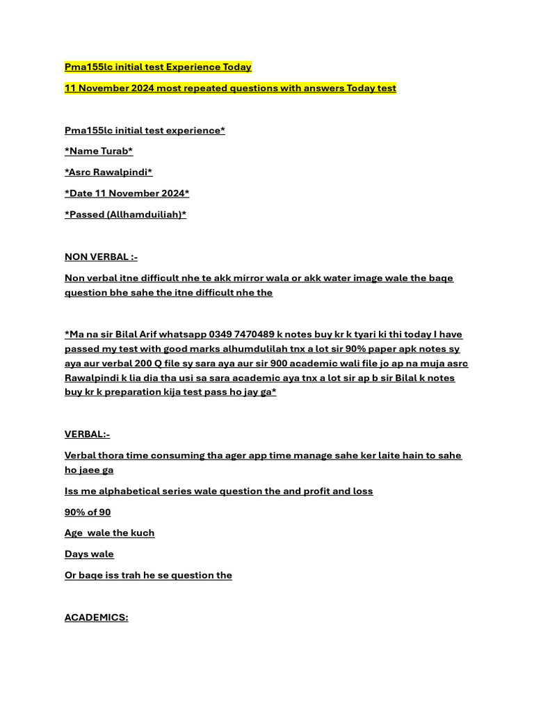 Today Pma155lc Initial Test Experience 11 November 2024 Document ...