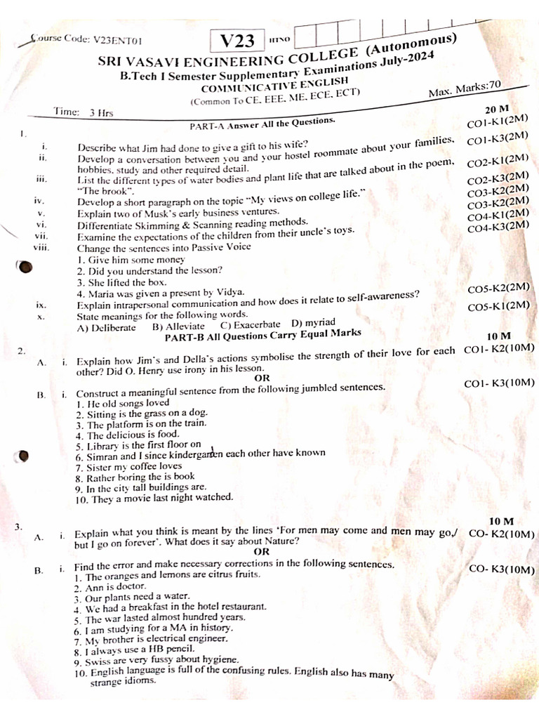 English Sem Model Paper | PDF