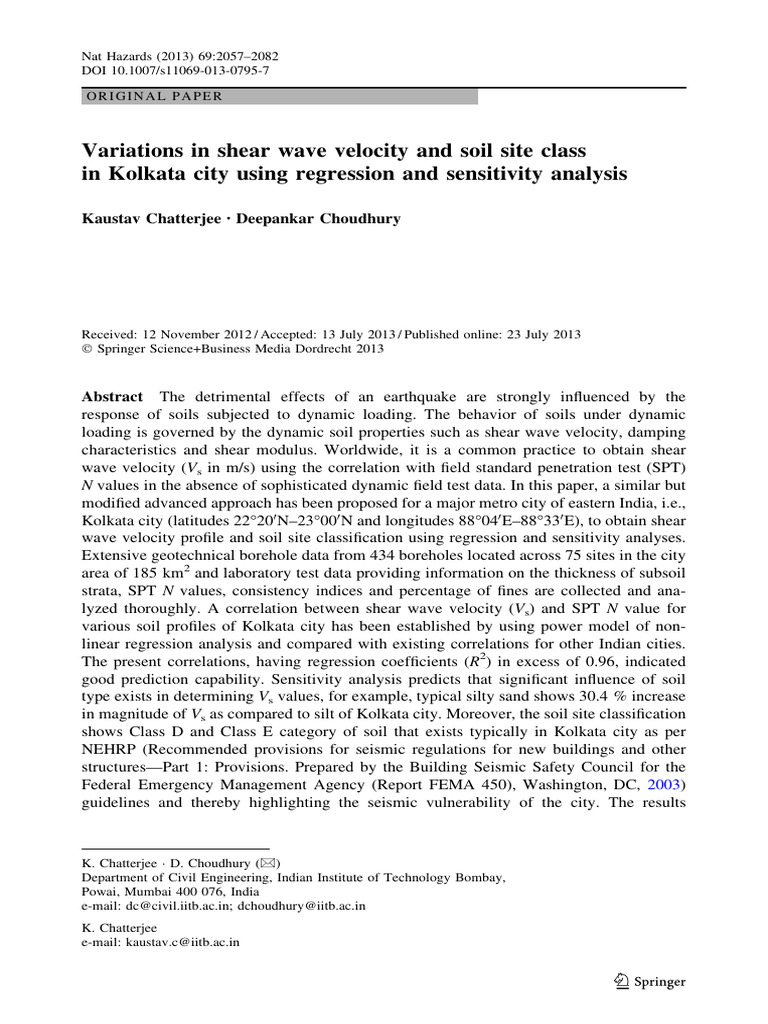 Variations in Shear Wave Velocity and Soil Site Class in Kolkata City Using Regression and ...