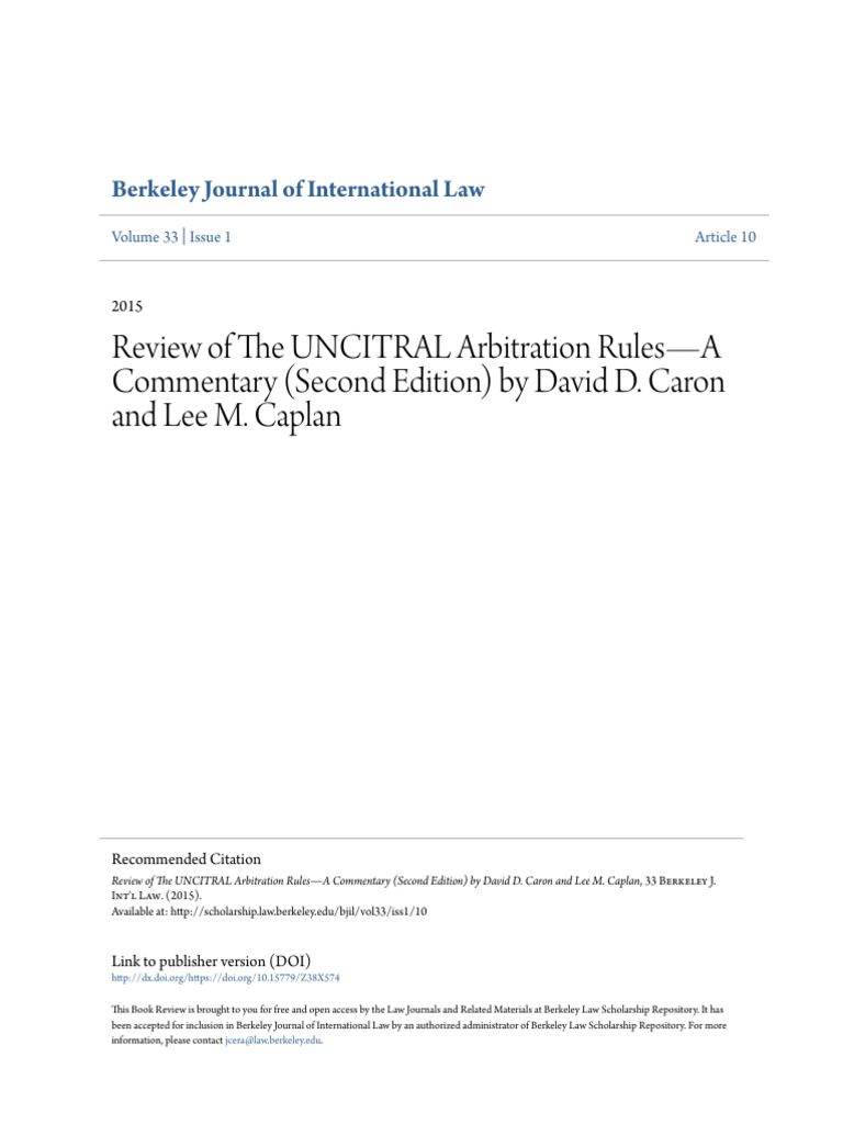 Review of The UNCITRAL Arbitration Rules-A Commentary (Second Edi | PDF | Arbitration | Arbitral ...