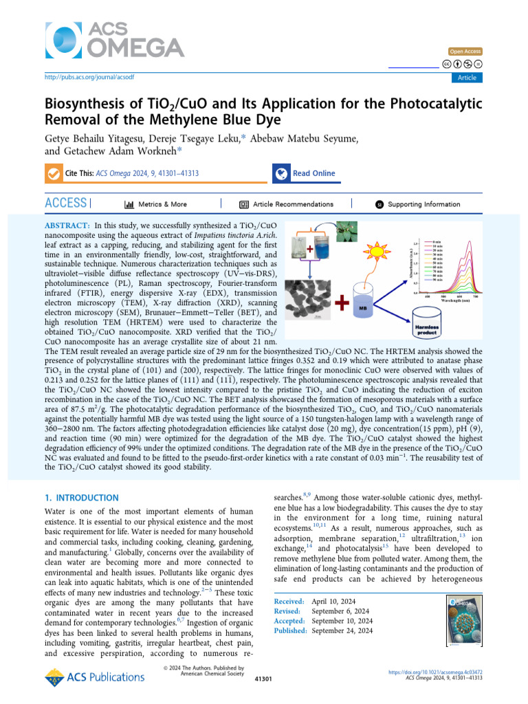 Yitagesu Et Al 2024 Biosynthesis of Tio2 Cuo and Its Application For ...