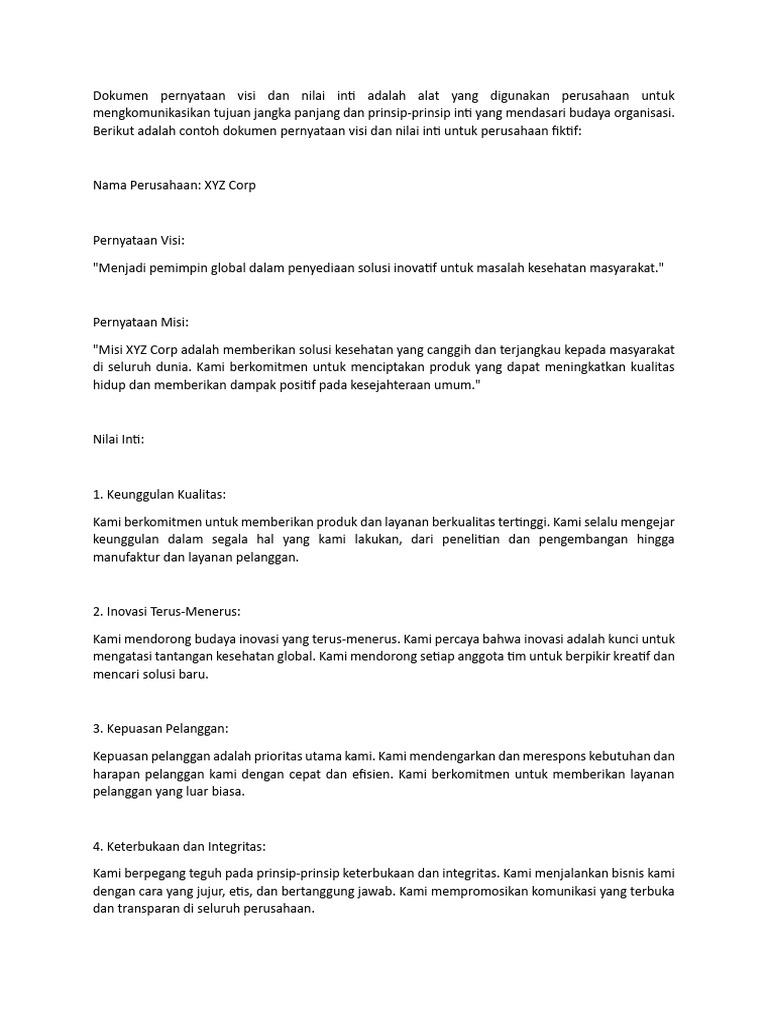 CEO Draft Dokumen Pernyataan Visi Dan Nilai Inti | PDF