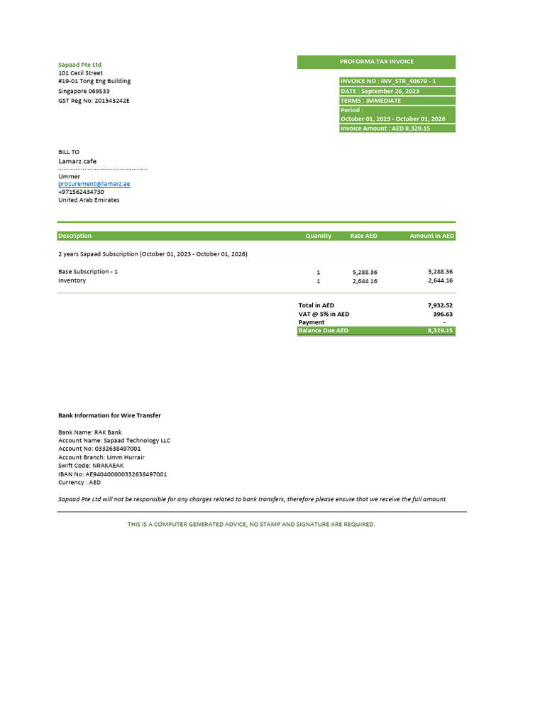 Sapaad Subscription Invoice for Lamarz Cafe | PDF | Invoice | Wire Transfer