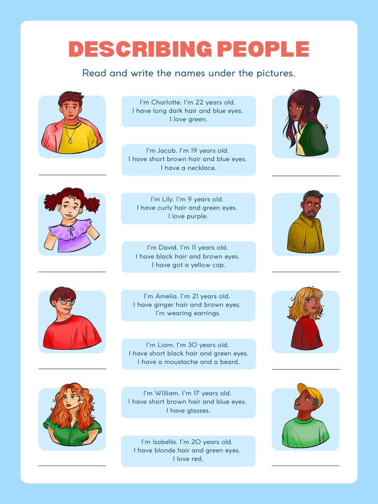 Blue Illustrative Describing People Worksheet | PDF