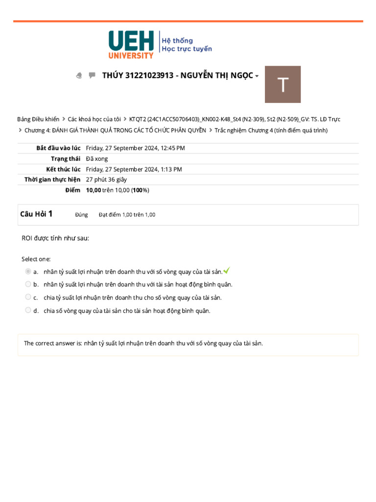 Trắc nghiệm Chương 4 (tính điểm quá trình) - Xem lại bài làm KTQTRI2 | PDF
