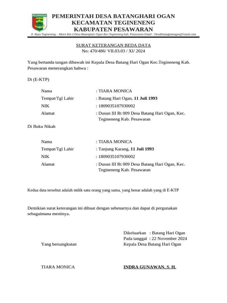 SURAT KETERANGAN BEDA DATA | PDF