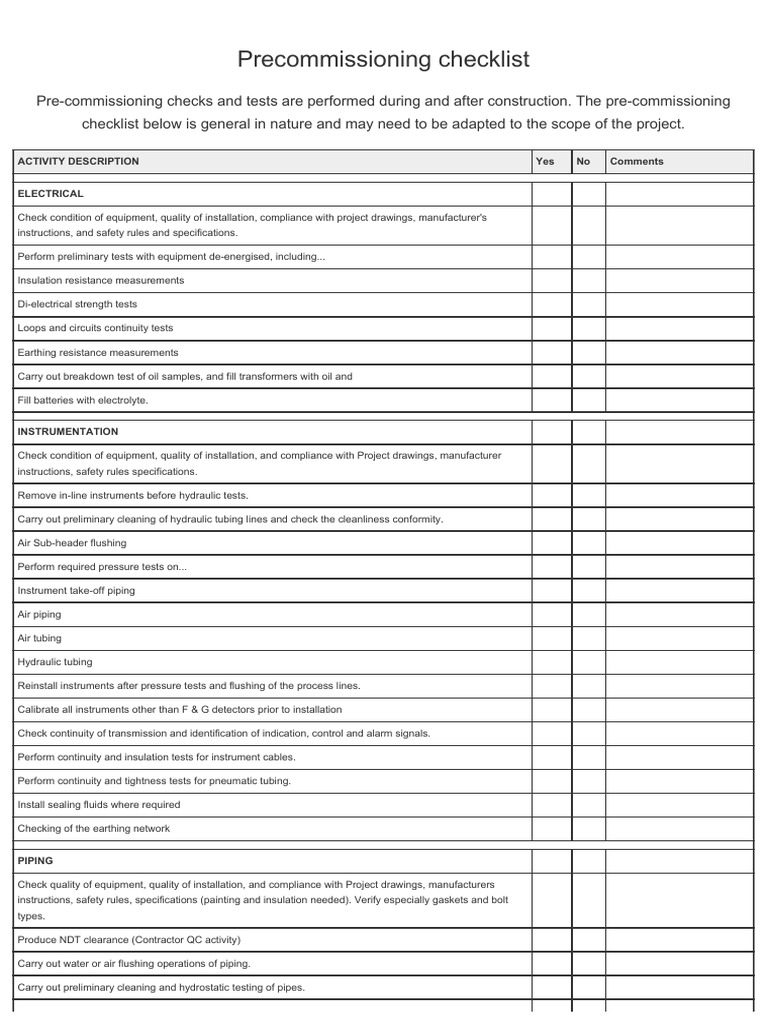 Pre-Commissioning Checklist Guide | PDF | Pipe (Fluid Conveyance) | Pump