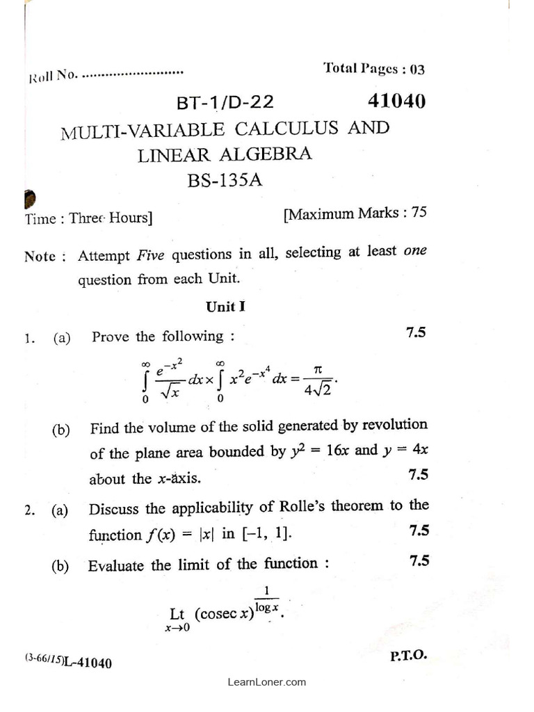 Math I 2022 Kuk Btech Cse | PDF | Mathematical Analysis | Abstract Algebra