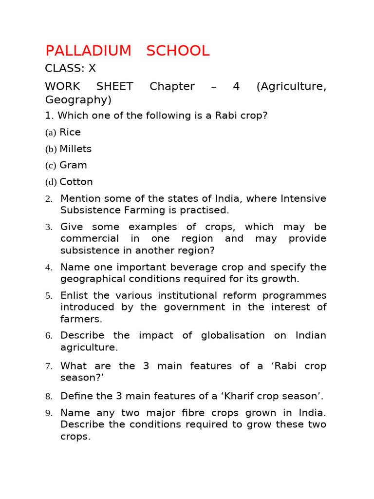 WORK SHEET Chapter – 4 (Agriculture, Geography)[1] | PDF | Agriculture ...