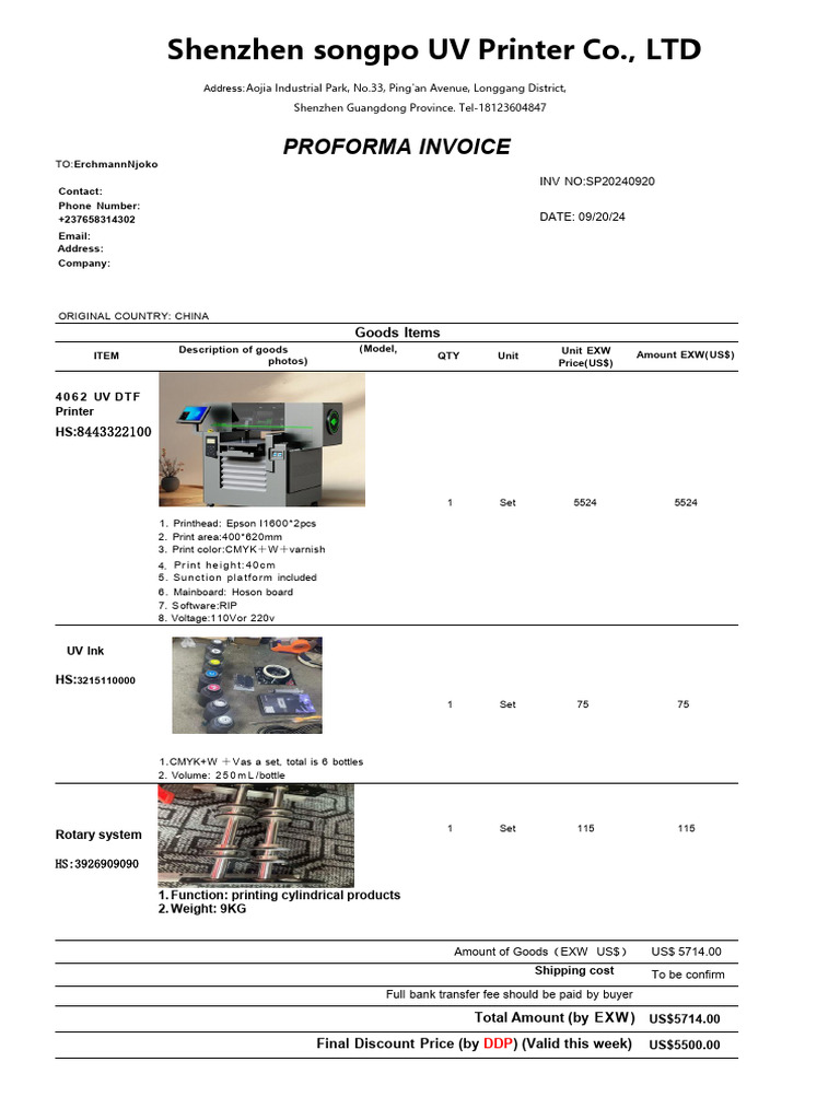 Erchmannnjoko Songpo 4062 Uv Printer Proforma Invoice | PDF | Printer ...