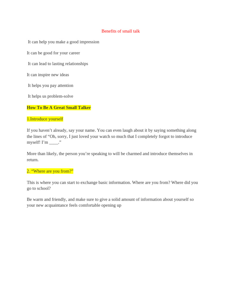 Benefits of Small Talk | PDF