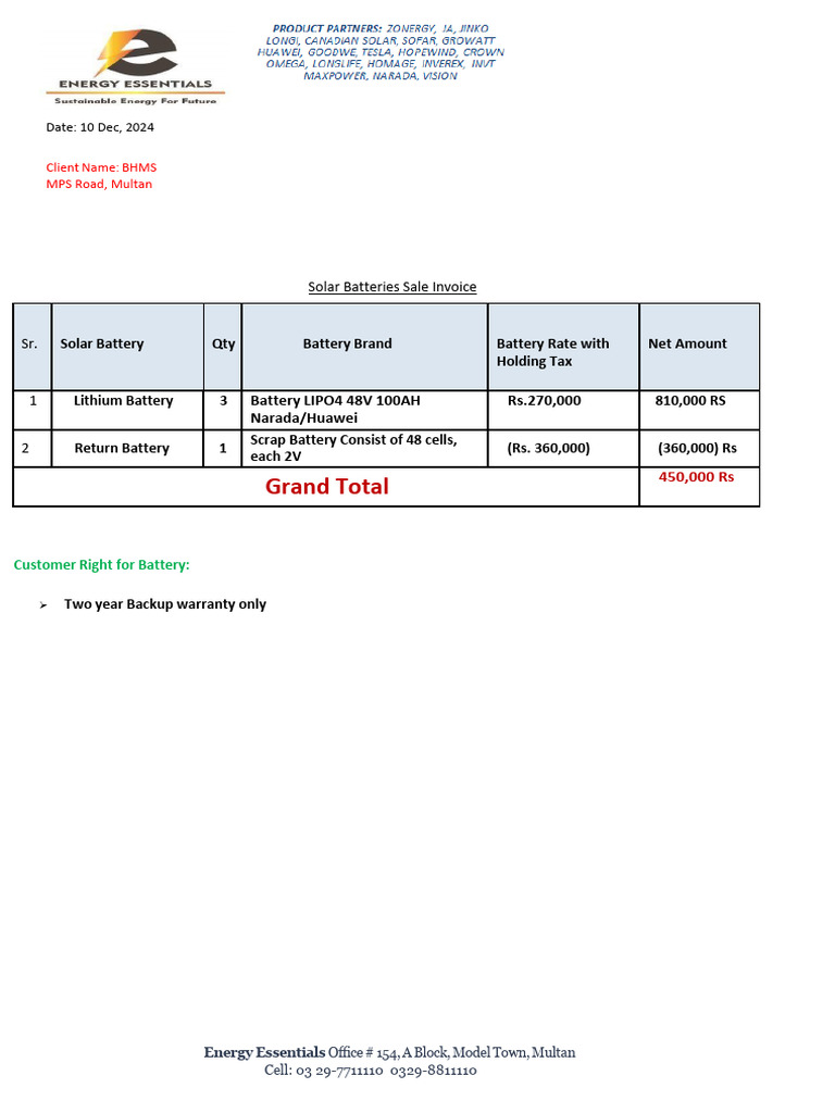 Solar Battery Invoice For BHMS MPS Road | PDF
