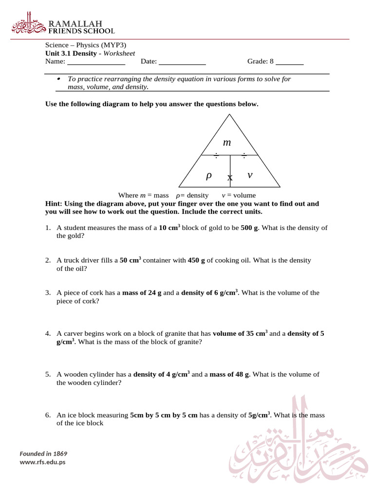 Density Calculation Practice Worksheet | PDF