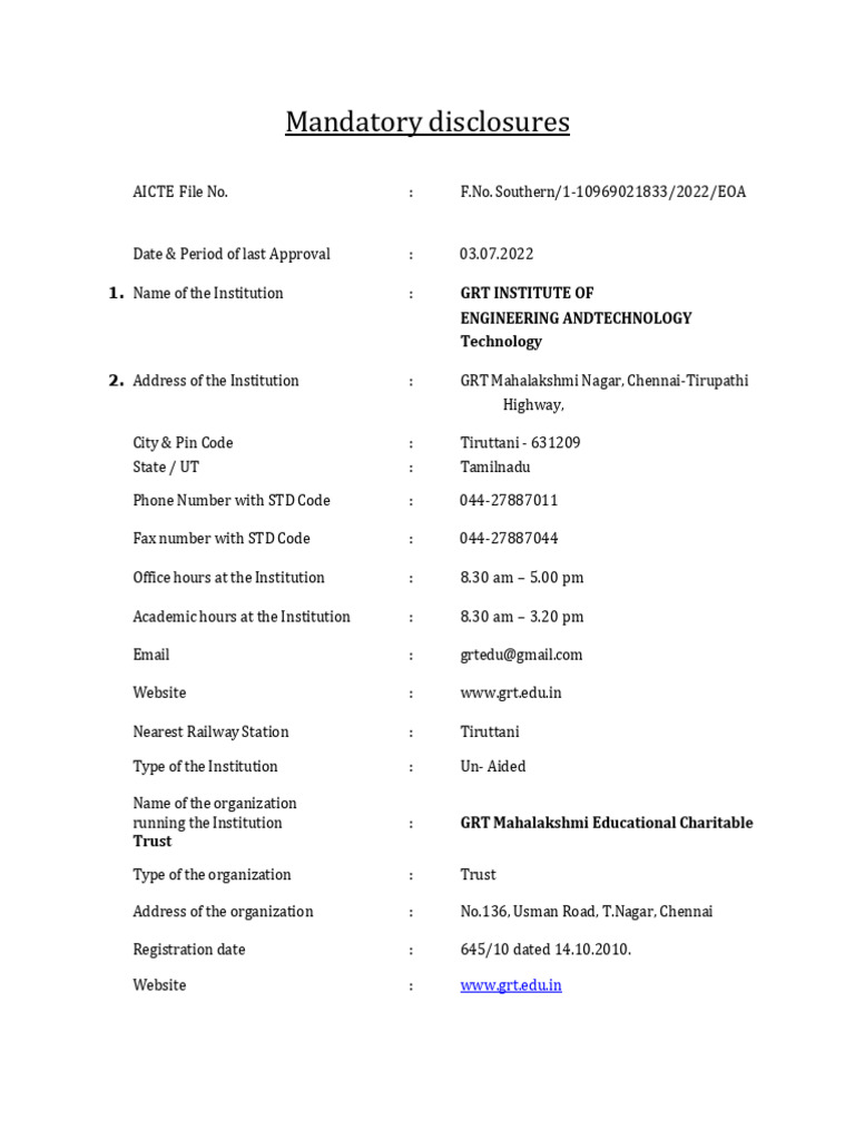 Mandatory disclosures final | PDF | University And College Admission ...