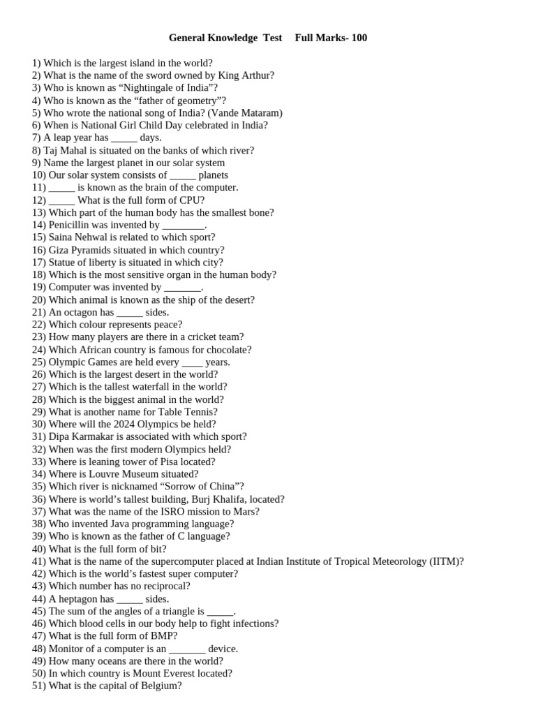 General Knowledge Test Full Marks | PDF