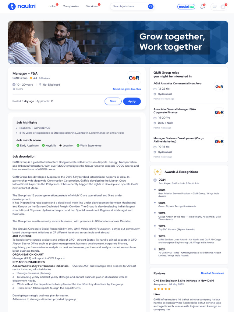 Manager - F&A - GMR Group - 10 To 20 Years of Experience | PDF | Joint ...