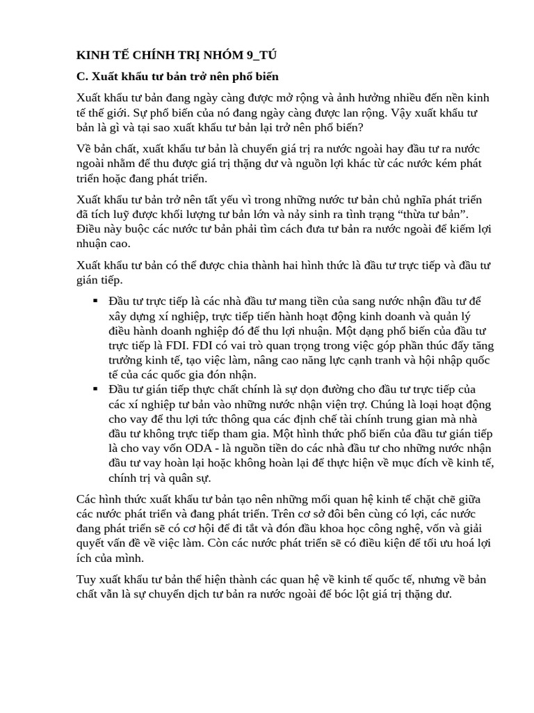 KTCT C xuất khẩu tư bản, D cạnh tranh thị trường | PDF