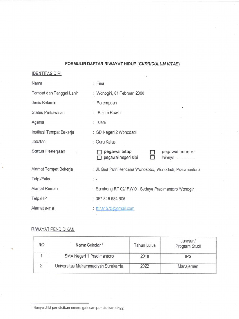 Formulir Daftar Riwayat Hidup (Curriculum Vitae) | PDF