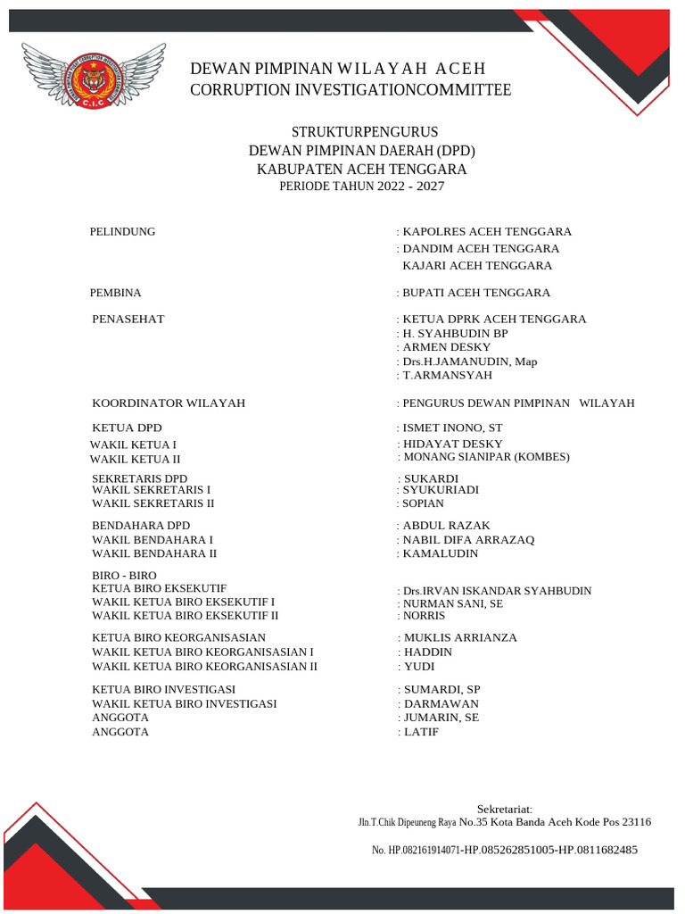Format Susunan Pengurus DPD CIC | PDF