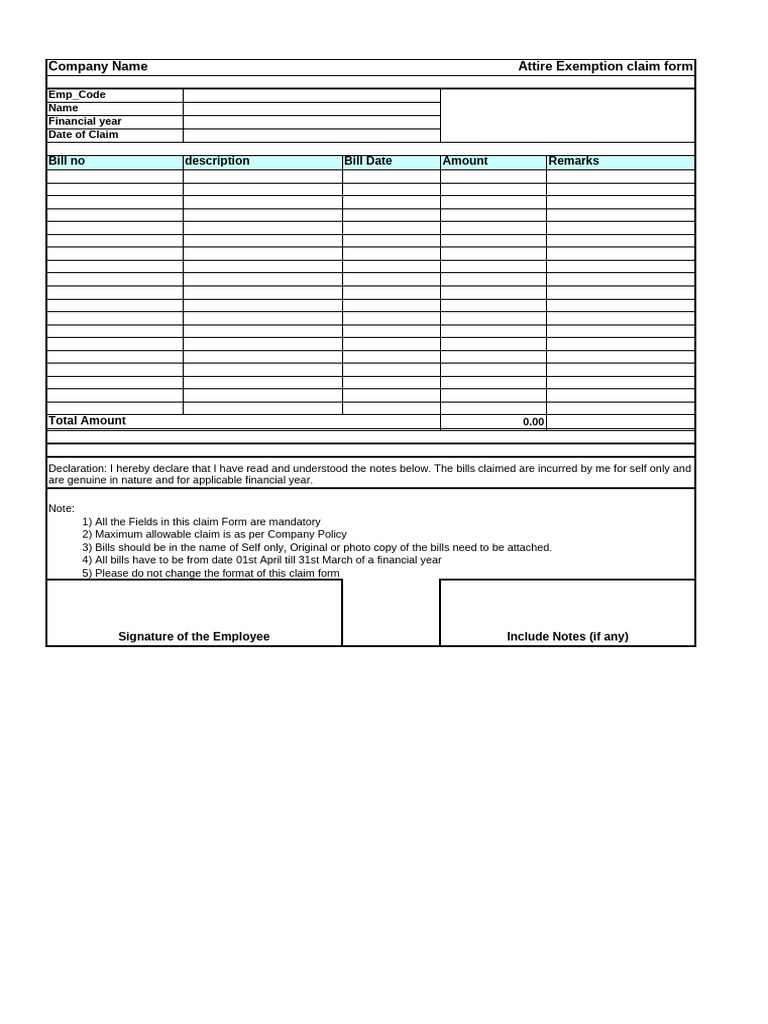 Attire Exemption Claim Form Template | PDF
