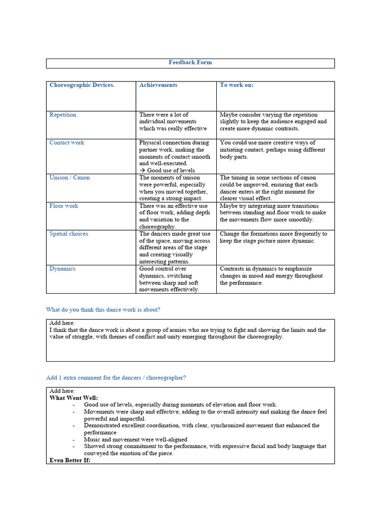 Feedback Table G12 Dance | PDF | Choreography | Dances