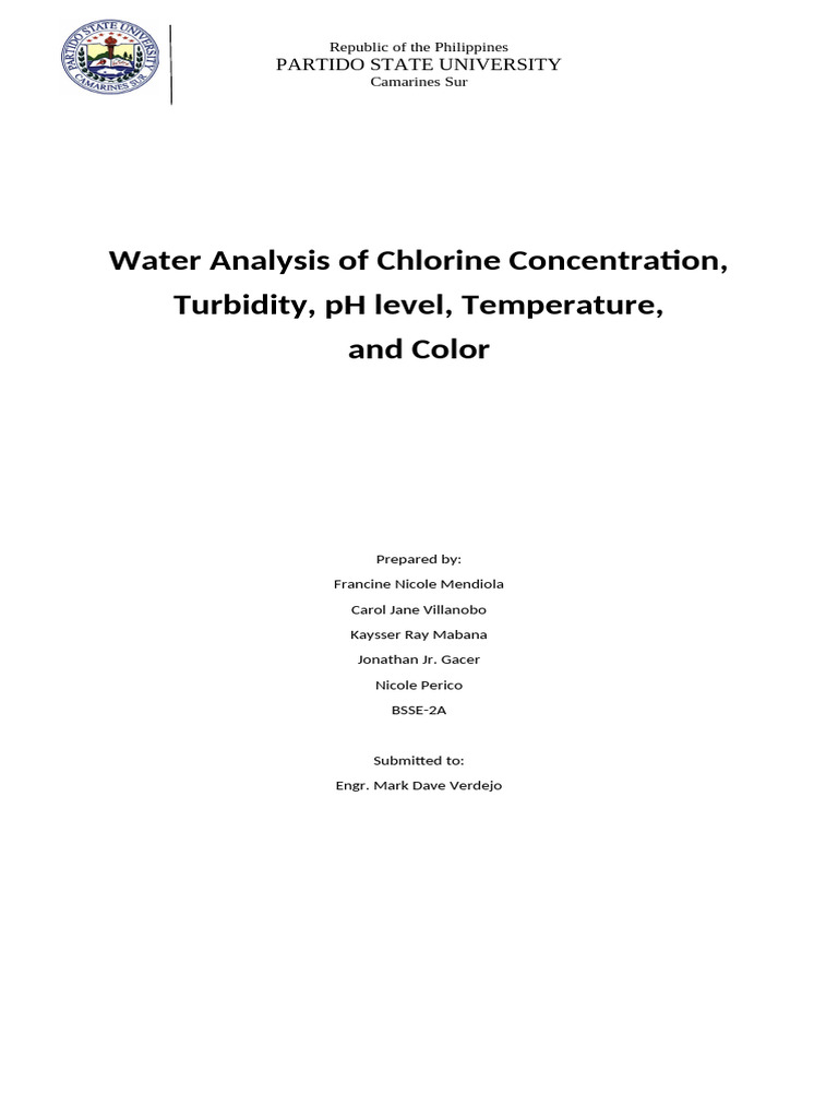 Water Analysis Turbidity PH Chlorine Color and Temperature | PDF ...